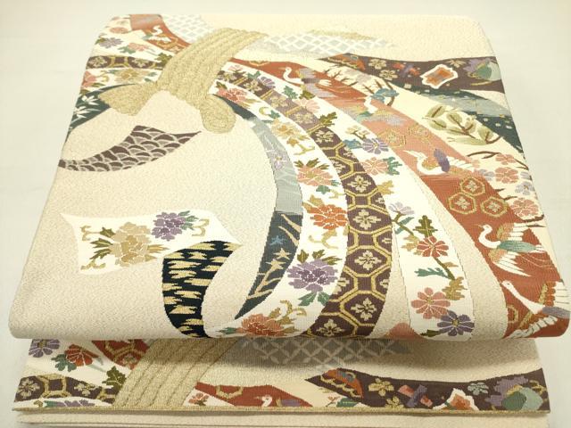 平和屋着物●爪掻き本綴れ　太鼓柄袋帯　束ね熨斗花文　金糸　正絹　逸品　未使用　DAAZ2308op