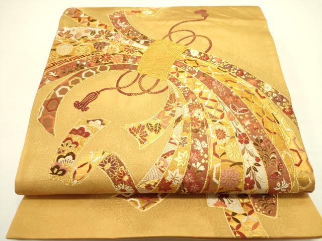 平和屋着物●太鼓柄袋帯　唐織　束ね熨斗花文　純金箔　正絹　逸品　DAAZ2314op