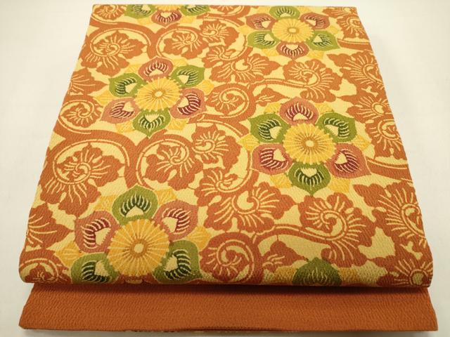 平和屋着物●九寸開き名古屋帯　型染　花唐草文　鬼しぼ縮緬　正絹　逸品　DAAZ2347op