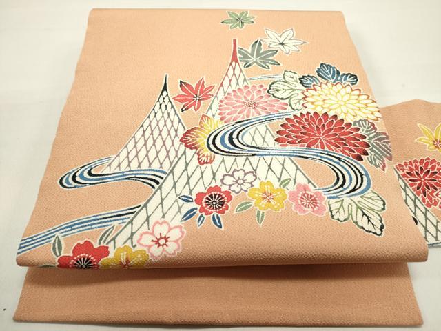 平和屋着物●九寸名古屋帯　作家物　型染　流水花文　鬼しぼ縮緬　正絹　逸品　DAAZ2353op