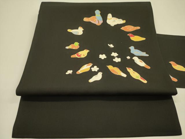 平和屋着物●塩瀬　九寸名古屋帯　舞梅　鳩　ハト　黒地　金彩　正絹　逸品　DAAZ2407op