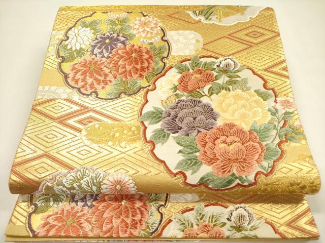 平和屋着物●六通柄袋帯　唐織　能段花菱文　金糸　正絹　逸品　DAAZ2447op