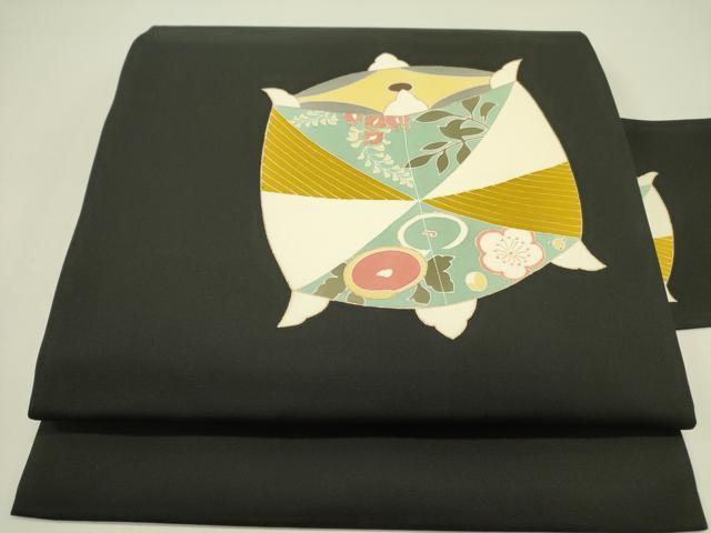 平和屋着物●塩瀬　九寸名古屋帯　糸車花文　黒地　金彩　正絹　逸品　DAAZ2810op