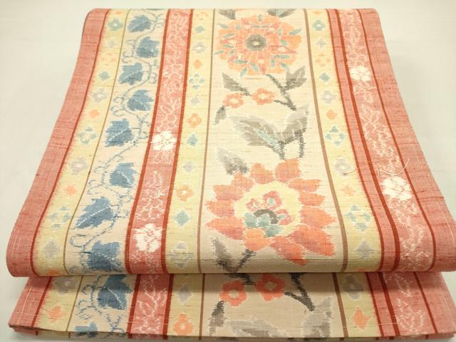 平和屋着物●全通柄袋帯　紬地　更紗花間道　正絹　逸品　未使用　DAAZ2814op