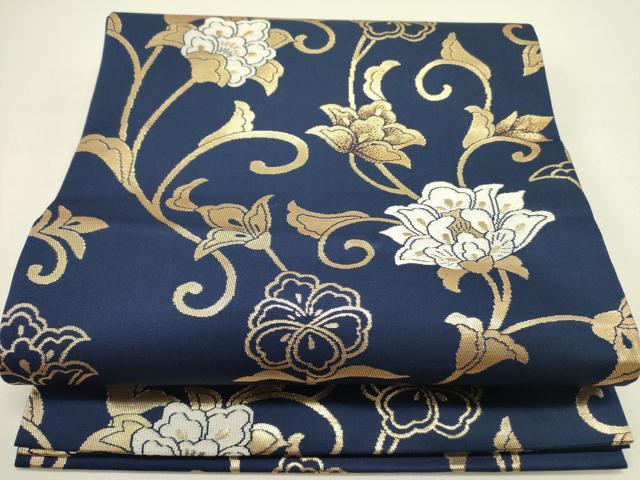 平和屋着物●九寸開き名古屋帯　更紗花唐草文　濃藍色　金糸　正絹　逸品　DAAZ2823op