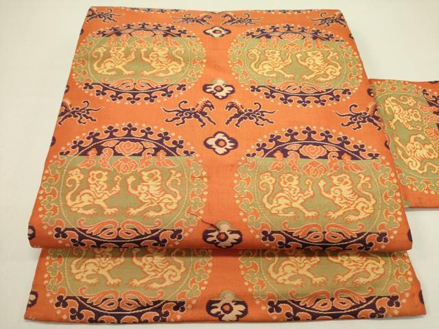 平和屋着物●九寸名古屋帯　円文白虎朱雀錦　正絹　逸品　DAAZ2825op