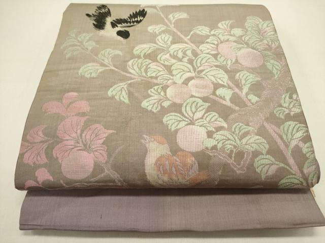 平和屋着物●アンティーク　大正ロマン　両面　六通柄京袋帯　枝花に鳥　引き抜き帯　正絹　逸品　DAAZ2830op