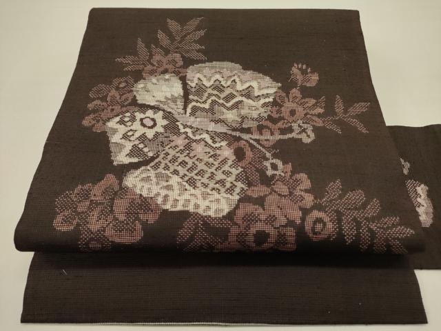平和屋着物●九寸名古屋帯　本場大島紬　舞蝶花文　正絹　逸品　DAAZ2838op