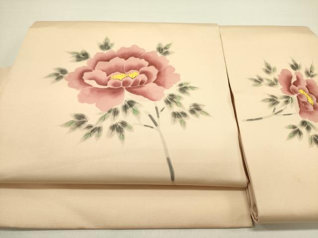 平和屋着物●塩瀬　つけ帯　手描き　牡丹　正絹　逸品　DAAZ2842op