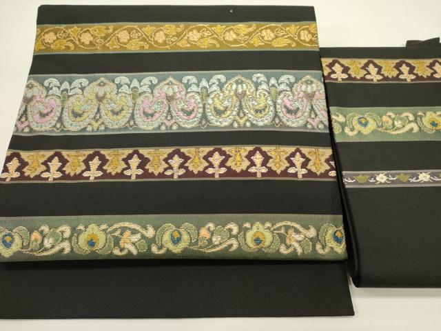 平和屋着物●つけ帯　横段花文　黒地　金糸　正絹　逸品　DAAZ2852op