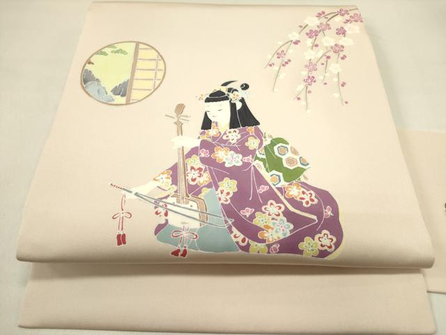 平和屋着物●京加賀友禅　松本健一　塩瀬　九寸名古屋帯　女人楽器花文　正絹　逸品　DAAZ2865op