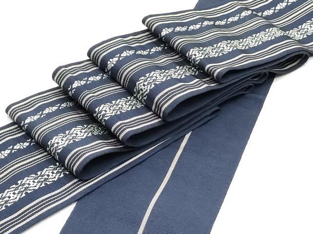 平和屋着物●男性　本場筑前博多織　角帯　献上　間道　鉄紺色　井上絹織物謹製　証紙付き　正絹　逸品　DAAZ3004ob