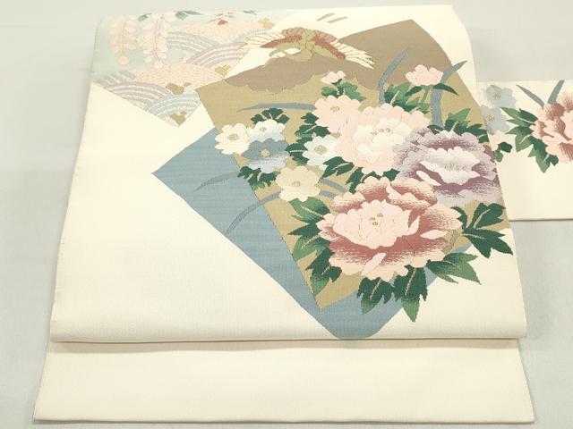 平和屋着物●爪掻き本綴れ　八寸名古屋帯　色紙重ね飛鶴草花文　金糸　正絹　逸品　DAAZ3034ob