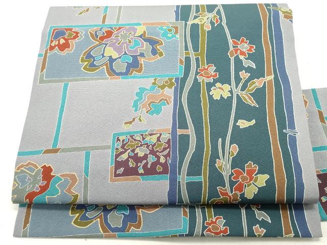 平和屋着物●全通柄九寸名古屋帯　型染め　草花間道　金彩　正絹　逸品　DAAZ3054ob