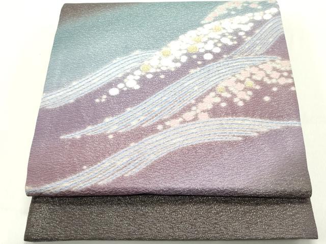 平和屋着物●中国三大刺繍　相良刺繍　太鼓柄袋帯　絞り　おぼろ染め　立波花文　銀通し地　正絹　逸品　DAAZ3067ob