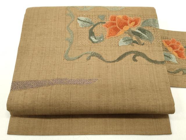 平和屋着物●中国三大刺繍　スワトウ刺繍　汕頭刺繍　相良刺繍　総刺繍　九寸名古屋帯　紬地　花唐草文　正絹　逸品　DAAZ3073ob