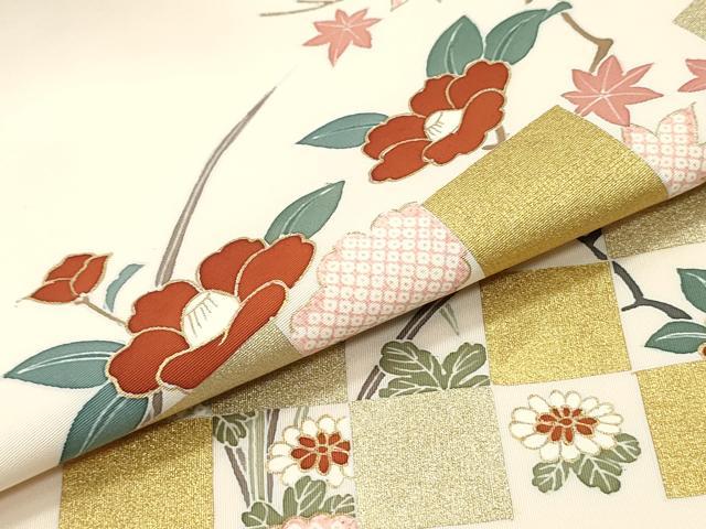 平和屋着物○塩瀬 九寸名古屋帯 駒刺繍 市松枝椿文 金彩