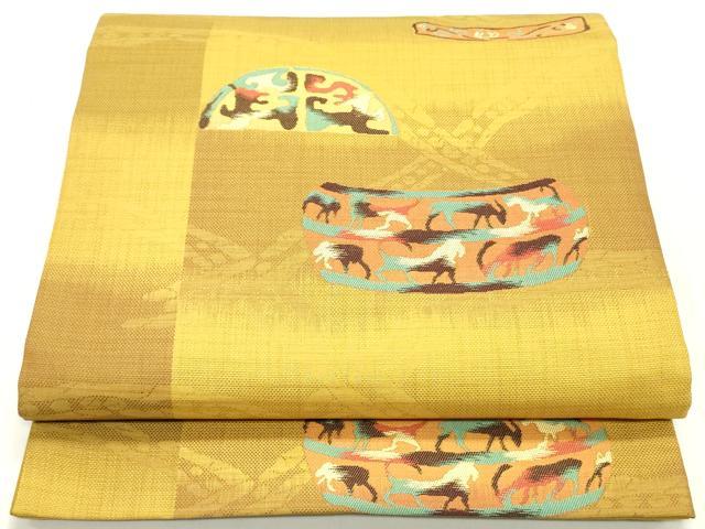 平和屋着物●六通柄袋帯　動物草花文　正絹　逸品　DAAZ3114ob