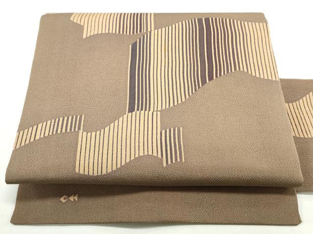 平和屋着物●染織作家　渋紙型　渋谷和子　九寸名古屋帯　幾何学文様　鬼しぼ縮緬　正絹　逸品　未使用　DAAZ3127ob