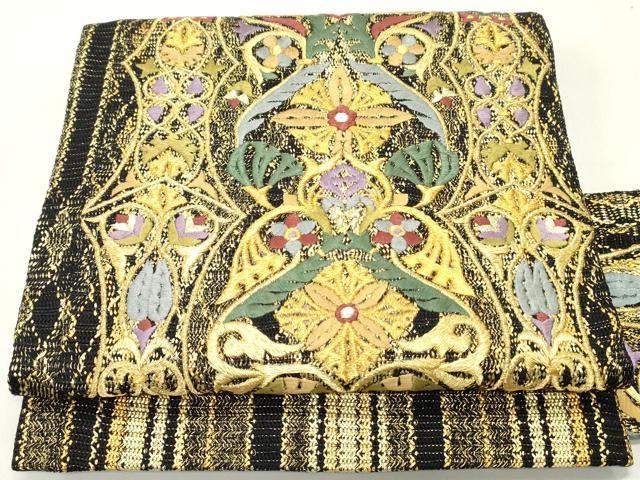 平和屋着物●九寸名古屋帯　総刺繍　更紗花唐草間道　黒地　金糸　正絹　逸品　DAAZ3128ob
