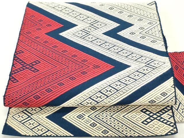 平和屋着物●八寸名古屋帯　こぎん刺し　松皮菱間道　交織　逸品　DAAZ3131ob