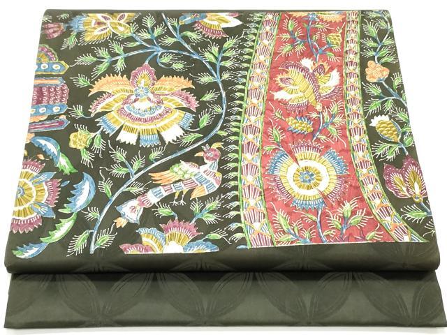 平和屋着物●アンティーク　大正ロマン　九寸開き名古屋帯　鳳凰更紗花唐草文　金彩　正絹　逸品　DAAZ3135ob