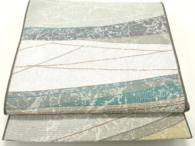 平和屋着物●六通柄袋帯　紬地　切嵌横段文　銀糸　正絹　逸品　DAAZ3138ob