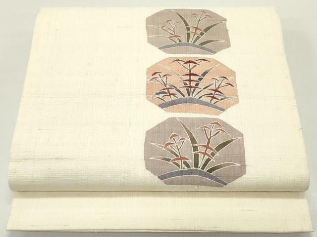 平和屋着物▽九寸開き名古屋帯　スリーシーズン　春夏秋　型染め　生紬　草葉文　銀彩　正絹　逸品　DAAZ3159ob