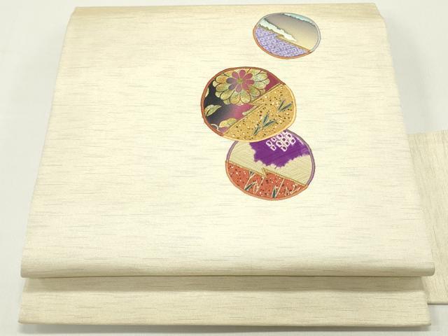 平和屋着物●九寸名古屋帯　絞り　刺繍　花丸文　金彩　正絹　逸品　DAAZ3161ob