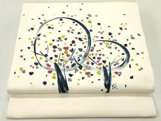 平和屋着物●塩瀬　九寸開き名古屋帯　作家物　手描き　樹林文　正絹　逸品　DAAZ3178ob