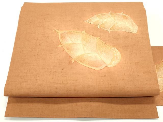 平和屋着物●塩瀬　九寸名古屋帯　紬地　総刺繍　たけのこ　黄蘆染色　正絹　逸品　DAAZ3184ob