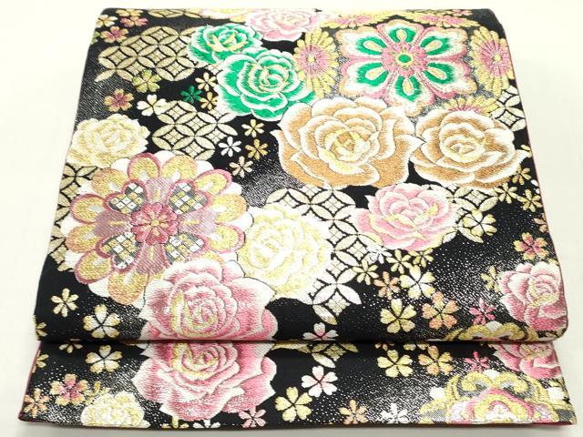 平和屋着物●六通柄袋帯　七宝舞花文　黒地　金糸　正絹　逸品　DAAZ3195ob