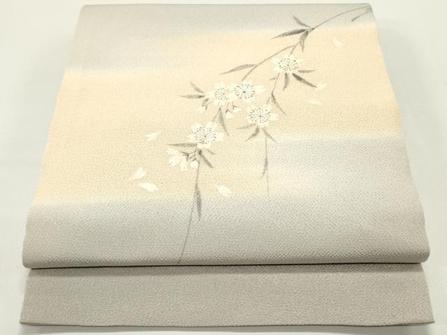 平和屋着物●太鼓柄袋帯　手描き　枝垂れ桜文　鬼しぼ縮緬　正絹　逸品　DAAZ3201ob