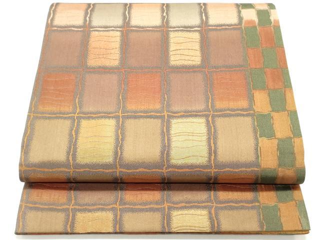 平和屋着物●両面　全通柄袋帯　変わり市松間道　金糸　正絹　逸品　未使用　DAAZ3208ob