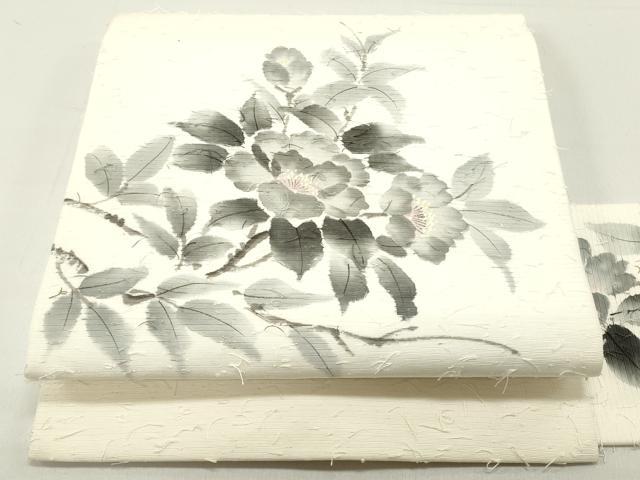 平和屋着物●九寸名古屋帯　作家物　手描き　髭紬　草花文　正絹　逸品　DAAZ3212ob