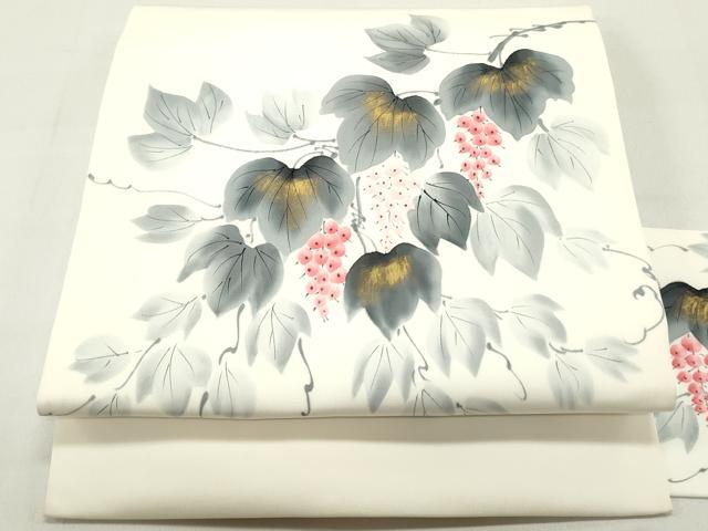 平和屋着物●塩瀬　九寸名古屋帯　作家物　手描き　葡萄蔦の葉文　金彩　正絹　逸品　DAAZ3217ob