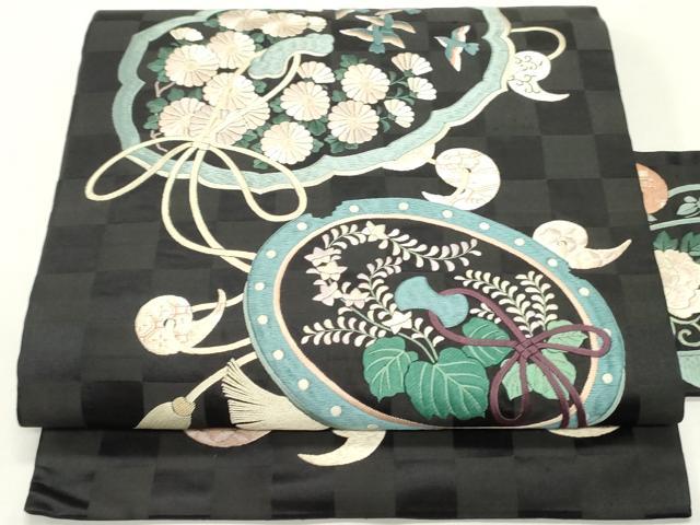 平和屋着物●アンティーク　大正ロマン　九寸名古屋帯　総刺繍　鏡裏花鳥文　黒地　正絹　逸品　DAAZ3228ob