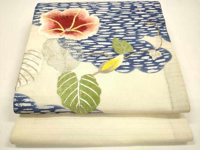 平和屋着物＊夏物　アンティーク　大正ロマン　丸帯　引き抜き帯　絽縮緬　駒刺繍　蔦の葉花文　銀糸　正絹　逸品　DAAZ4012cm