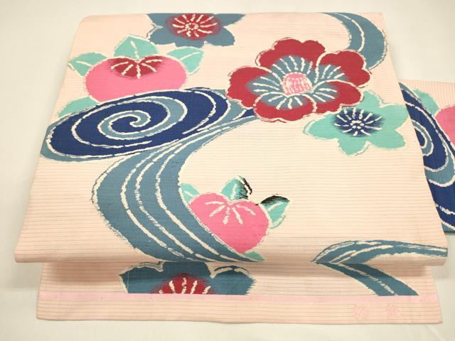 平和屋着物＊夏物　アンティーク　大正ロマン　路塩瀬　九寸名古屋帯　流水花文　正絹　逸品　DAAZ4032cm