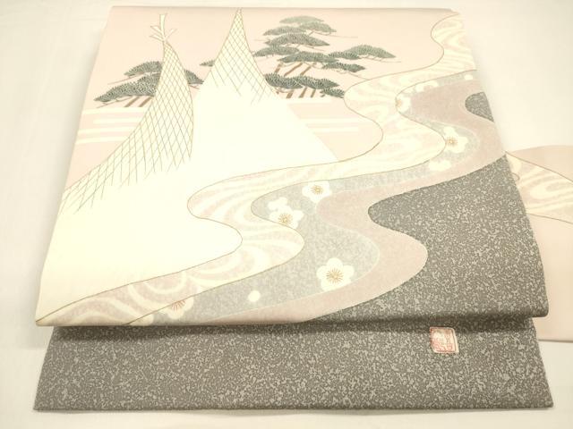 平和屋着物●ろうけつ染作家　横山喜八郎　塩瀬　九寸名古屋帯　流水花松文　金彩　正絹　逸品　DAAZ4060cm