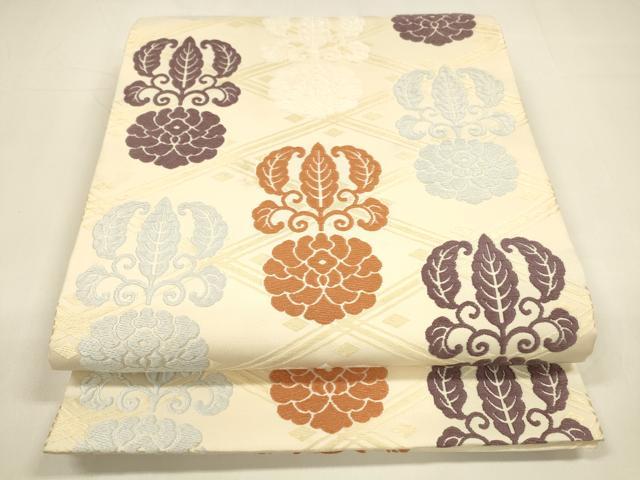 平和屋着物●俵屋　人間国宝　喜多川平朗  有職織物　九寸開き名古屋帯　唐織　草花文　正絹　逸品　DAAZ4077cm