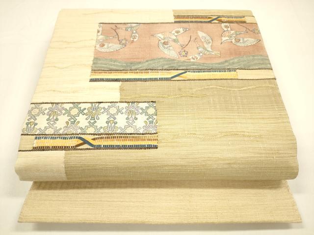 平和屋着物▽手彫木版染　佐伯武晴　スリーシーズン　春夏秋　太鼓柄袋帯　紬地　流水飛鳥文　金糸　やまと誂製　正絹　逸品　DAAZ4078cm