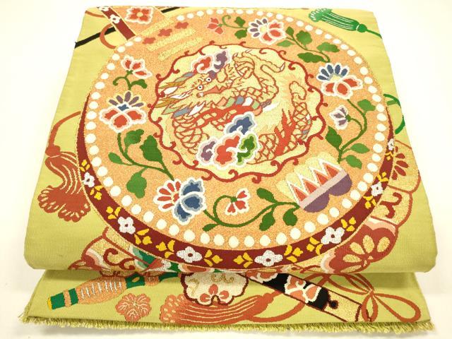 平和屋着物●爪掻き本綴れ　太鼓柄袋帯　草花楽器龍文　金糸　正絹　逸品　DAAZ4081cm