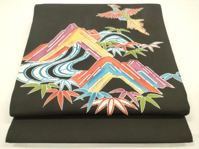 平和屋着物●塩瀬　九寸開き名古屋帯　型染　鳳凰遠山流水笹の葉文　黒地　正絹　逸品　DAAZ4083cm