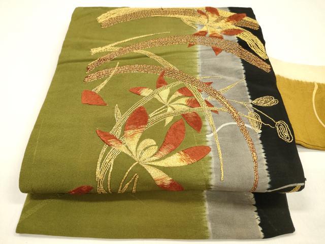 平和屋着物●アンティーク　大正ロマン　九寸名古屋帯　駒刺繍　草花文　金彩　正絹　逸品　DAAZ4170cm