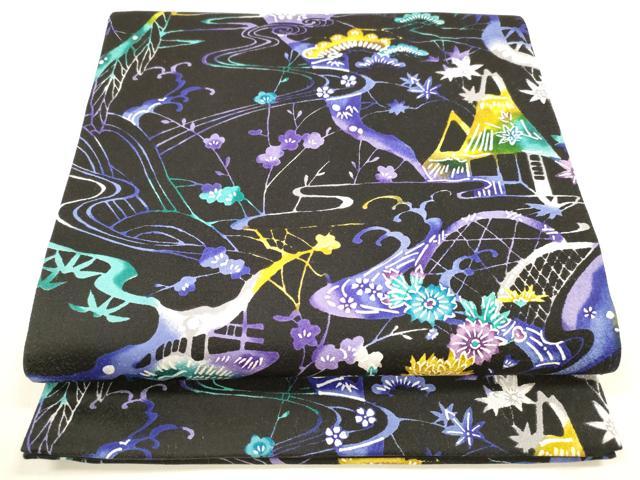 平和屋着物●全通柄袋帯　型染　風景流水草花文　黒地　正絹　逸品　DAAZ4177cm