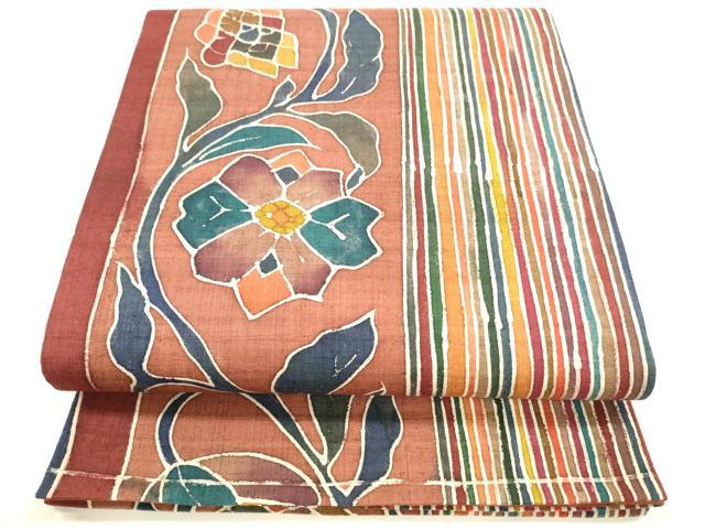 平和屋着物●六通柄袋帯　型染　紬地　枝花間道　正絹　逸品　DAAZ4182cm