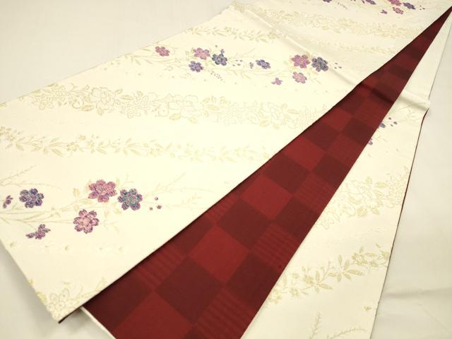 平和屋着物●両面　六通柄袋帯　草花文　市松文様　金銀糸　正絹　逸品　DAAZ4206cm
