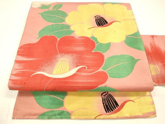 平和屋着物●アンティーク　大正ロマン　九寸名古屋帯　唐織　椿　正絹　逸品　DAAZ4209cm