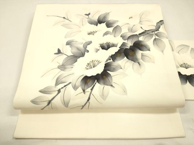 平和屋着物●塩瀬　九寸名古屋帯　作家物　手描き　草花文　金彩　正絹　逸品　DAAZ4212cm